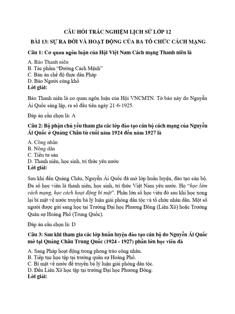 91 Cau Trac Nghiem Lich Su 12 Bai 13 Co Dap An 2023 Phong Trao Dan Toc Dan Chu o Viet Nam Tu Nam ...