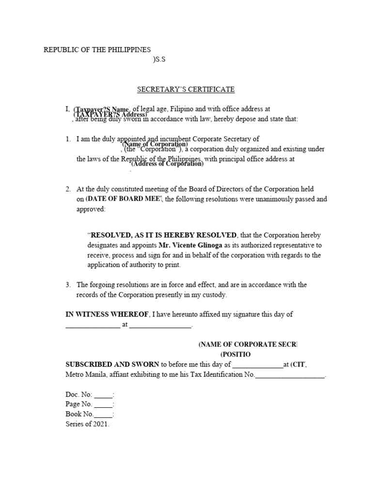 Sec Cert - Fillable | PDF