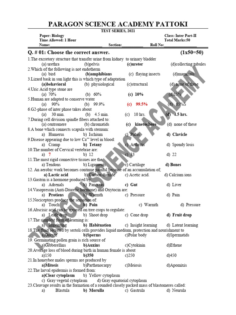 Paragon Academy Biology Test 2021 | PDF | Chromosome | Urinary System