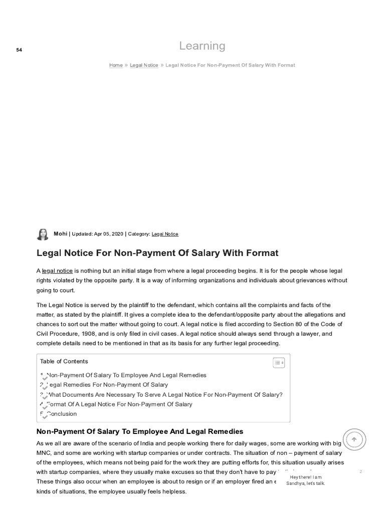 Legal Notice For Non-Payment of Salary With Format - LawyerInc | PDF