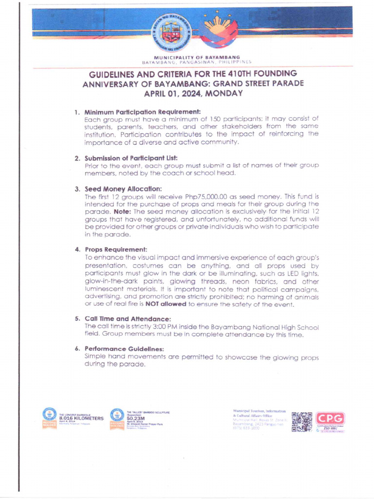 Tococ - NHS - Guidelines and Criteria For 410TH Founding Anniversary of Bayambang Grand Street ...