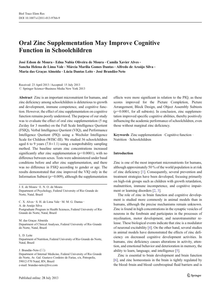 Oral Zinc Supplementation May Improve Cognitive Function in ... Oral Zinc Supplementation May Improve Cognitive Function in ...