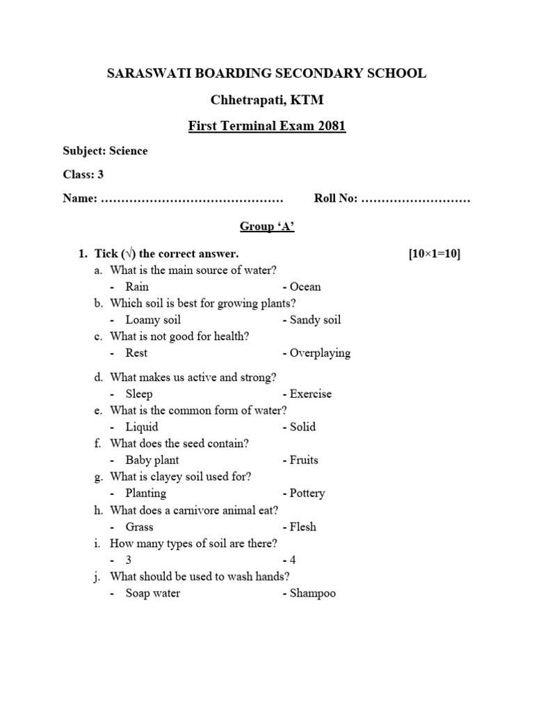 Class 3 (First Term 2081) | PDF | Water