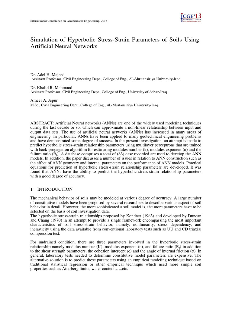Simulation Of Hyperbolic Stress Strain P Pdf Artificial Neural Network Deformation