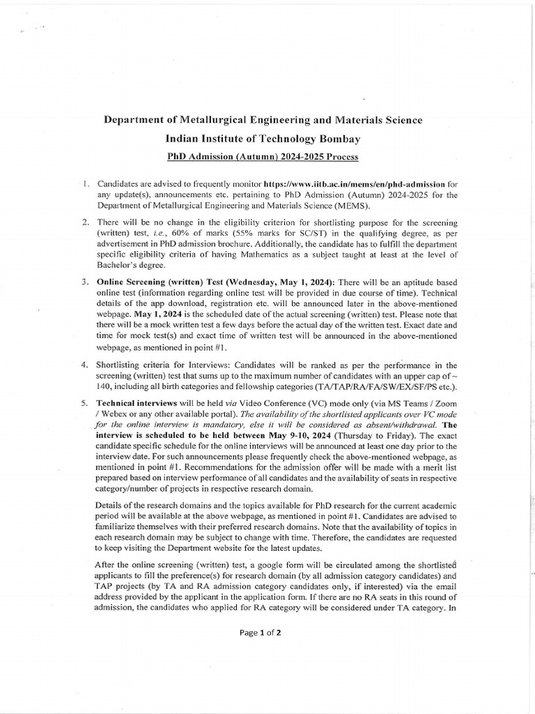 HOD's Message For Ph.D. Admission 2024-25 | PDF