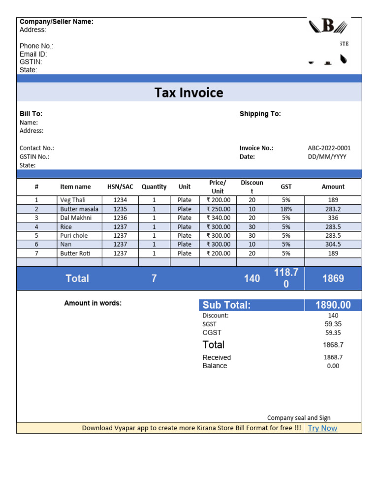 GST Invoice Format for Restaurant Bill | PDF | Discounts And Allowances ...