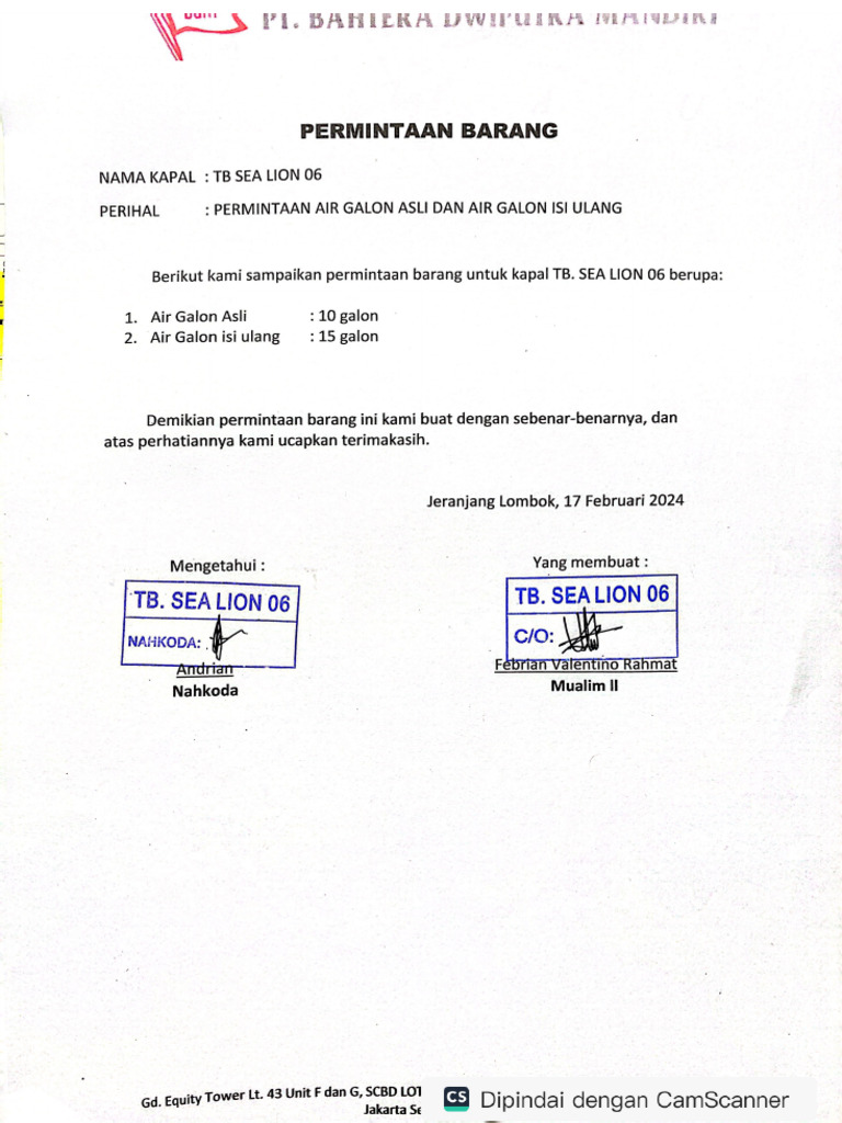 Permintaan TB Sea Lion 06 Jeranjang | PDF