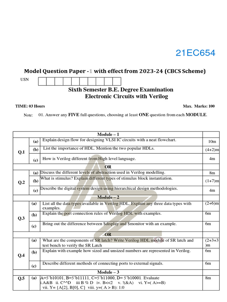 21EC654 Model Question Papers-1 | PDF | Hardware Description Language ...