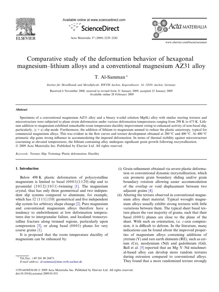 Comparative Study of The Deformation Behavior of Hexagonal Magnesium-Lithium Alloys and A ...