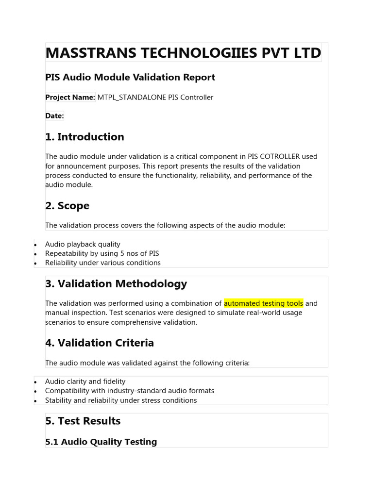 PIS Audio Module Validation Report | PDF