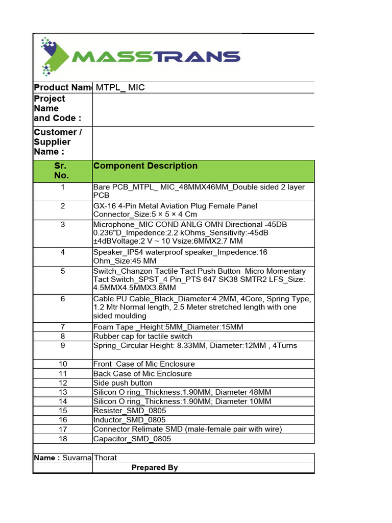 BOM MTPL Microphone With Speaker | PDF | Electrical Components ...