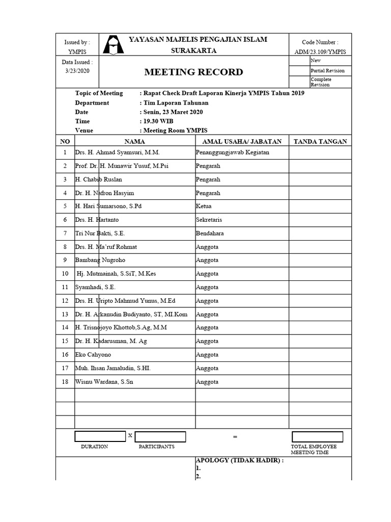 Contoh Meeting Record (Daftar Nama Rapat) | PDF