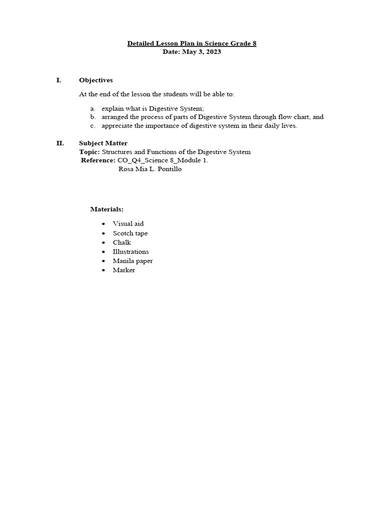 1st Detailed Lesson Plan Week 1 | PDF | Human Digestive System | Digestion