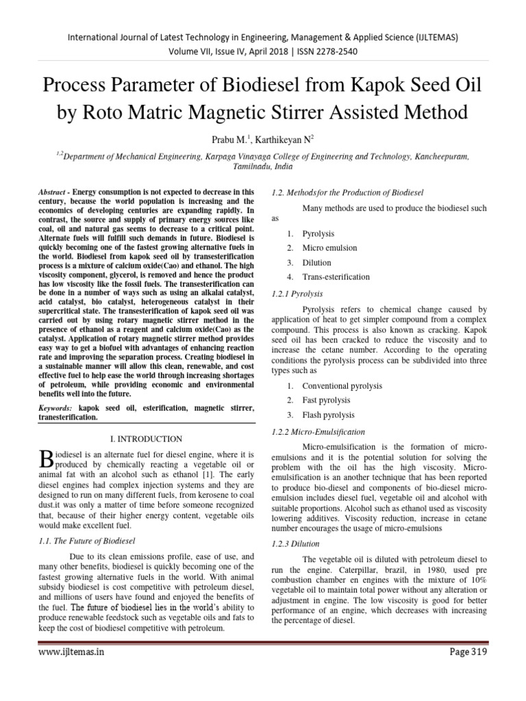 Process Parameter of Biodiesel From Kapok Seed Oil | PDF | Biodiesel ...