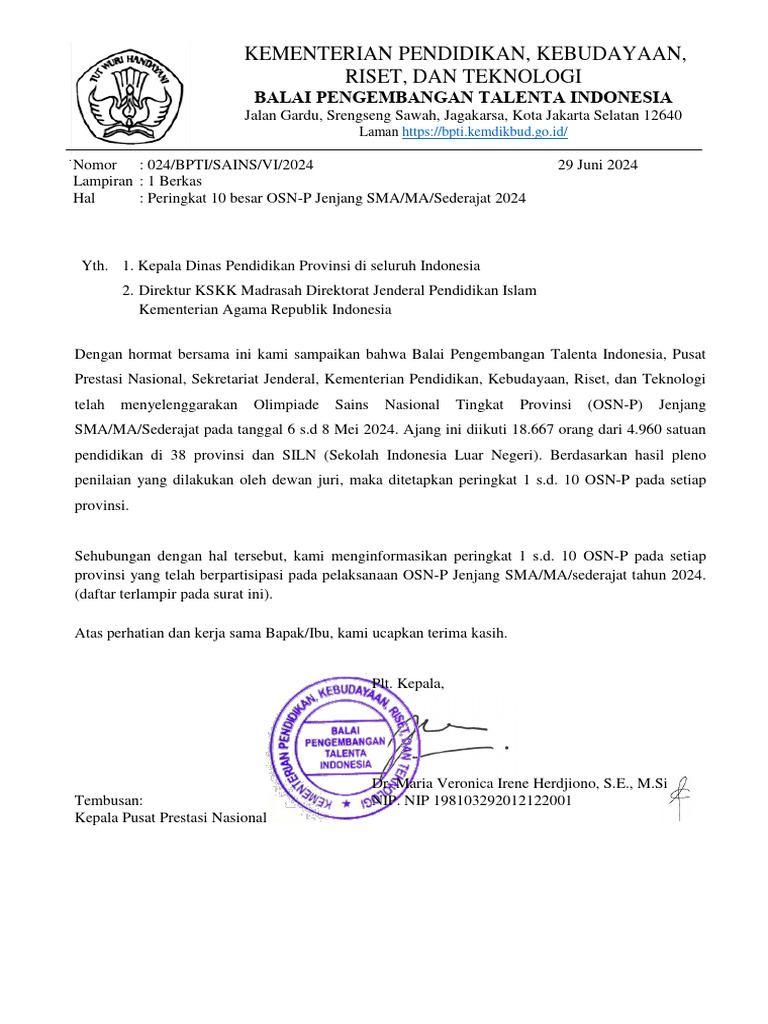 Peringkat 10 Besar OSN-P SMA 2024 | PDF