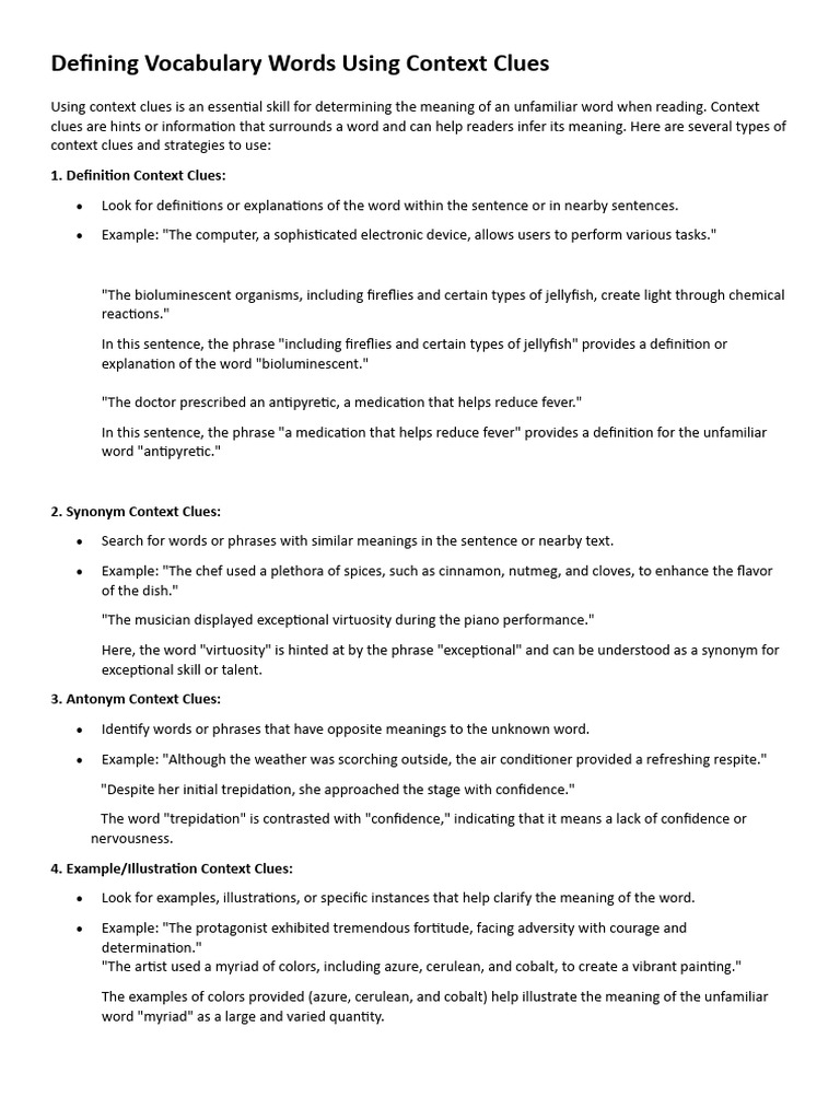 Defining Vocabulary Words Using Context Clues - Guide | PDF | Word ...