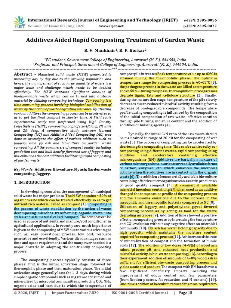 IRJET Additives Aided Rapid Composting T | PDF | Compost | Soil