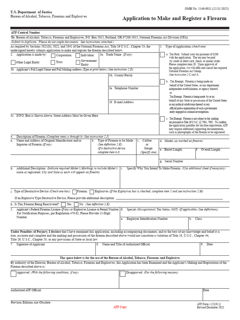 BATF Form 5320.1 Aplication To Make and Register A Firearm | PDF ...