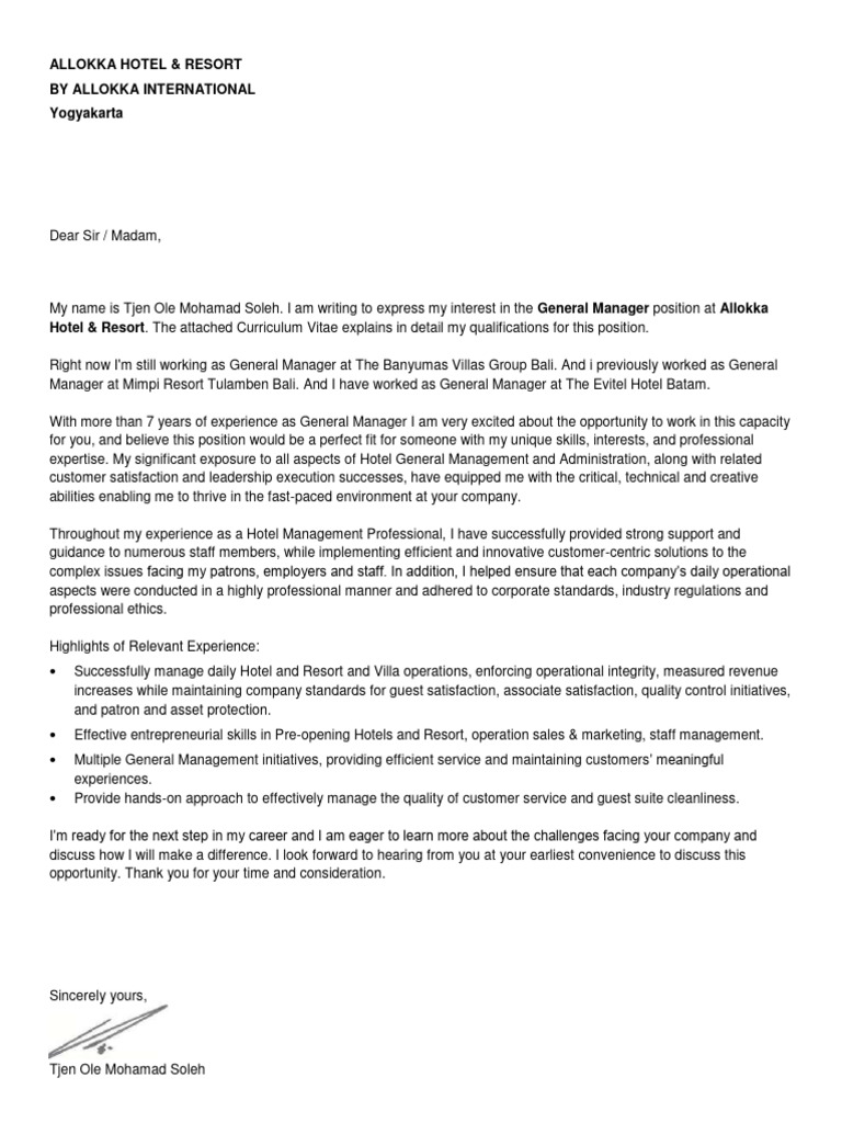 Application Letter General Manager Hotel at Allokka International | PDF ...