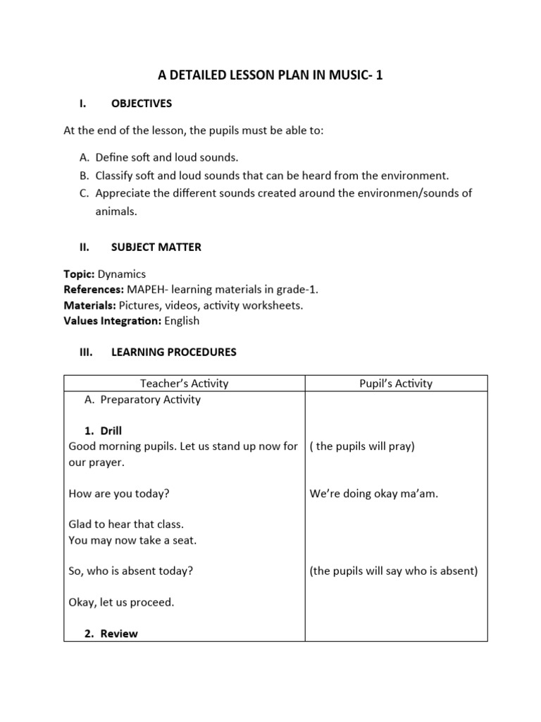 A Detailed Lesson Plan in Music | PDF | Sound | Lesson Plan