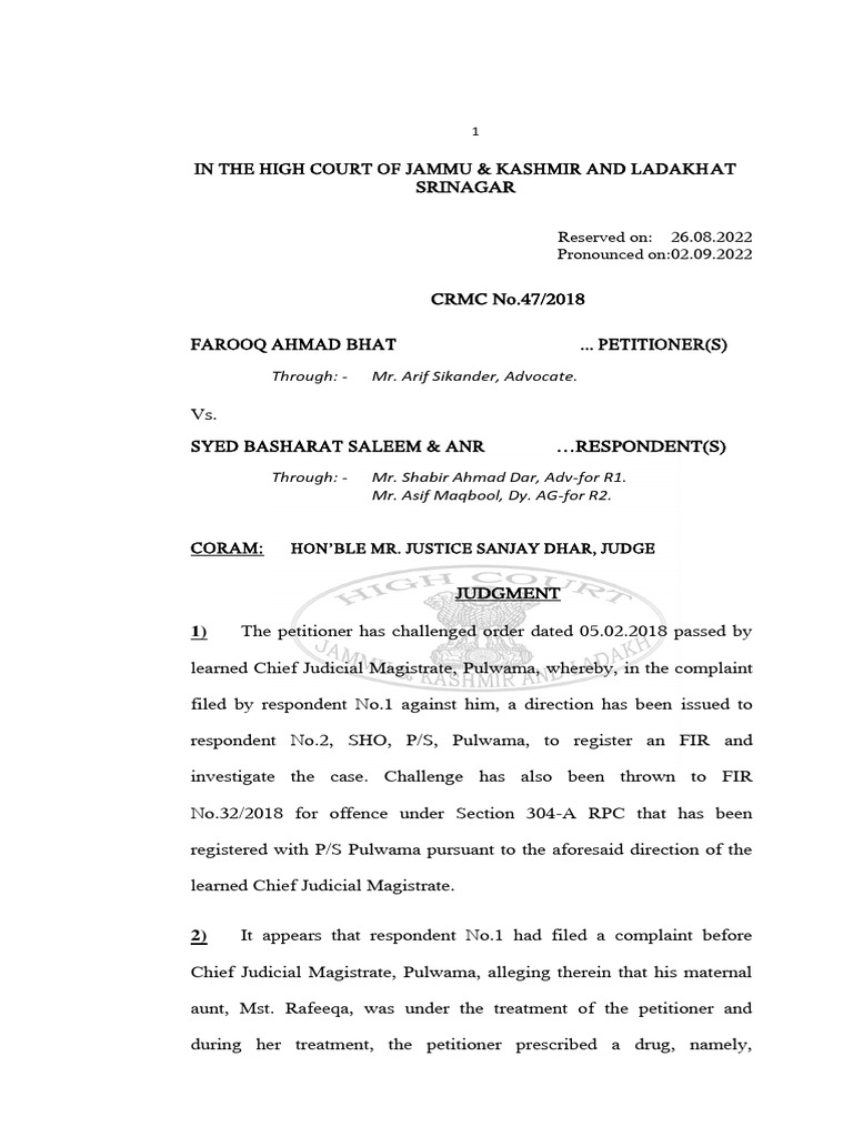 Farooq Ahmad Bhat Vs Syed Basharat Saleem and Anr | PDF | Prosecutor | Complaint