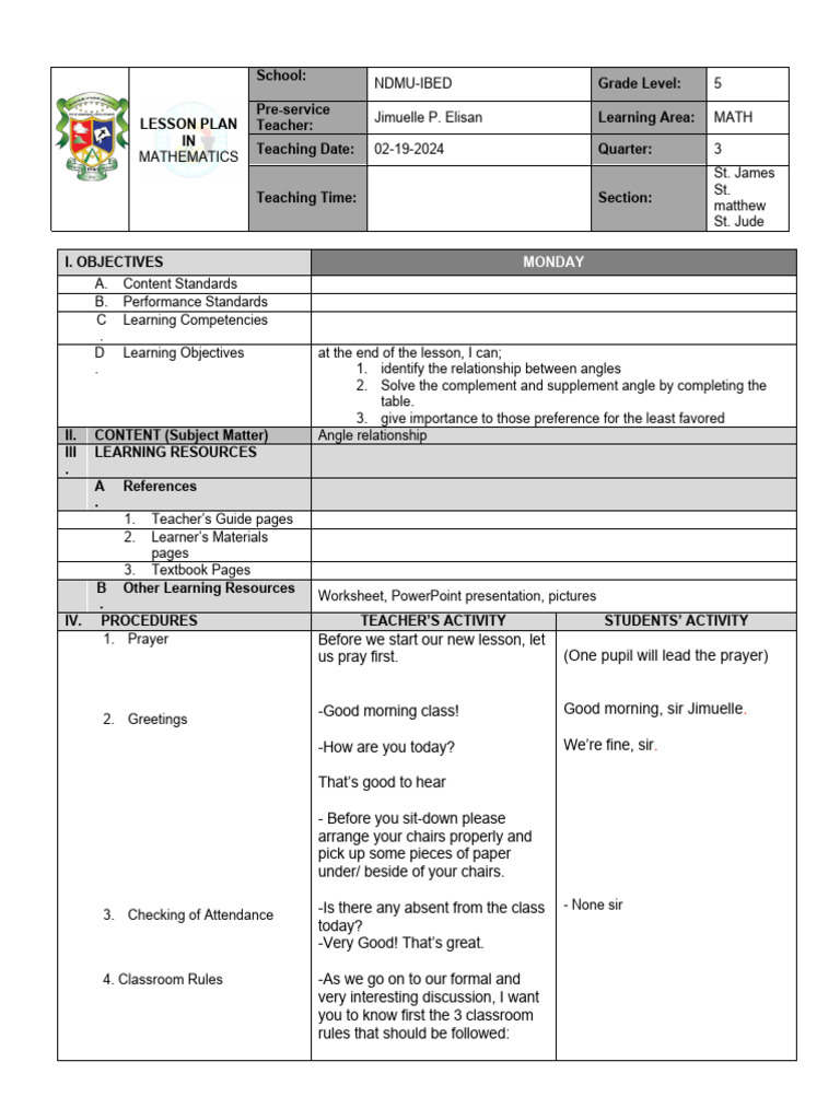 Grade 5 Math Lesson: Angle Relationships | PDF | Angle | Learning