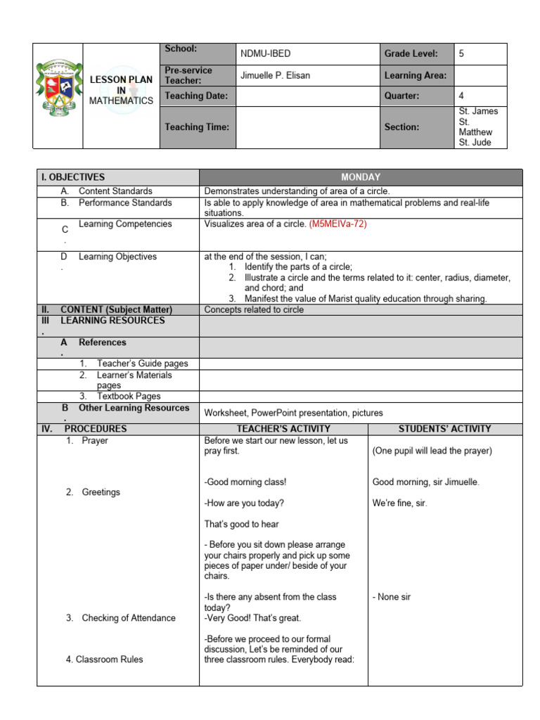 Grade 5 Circle Area Lesson Plan | PDF | Circle | Learning