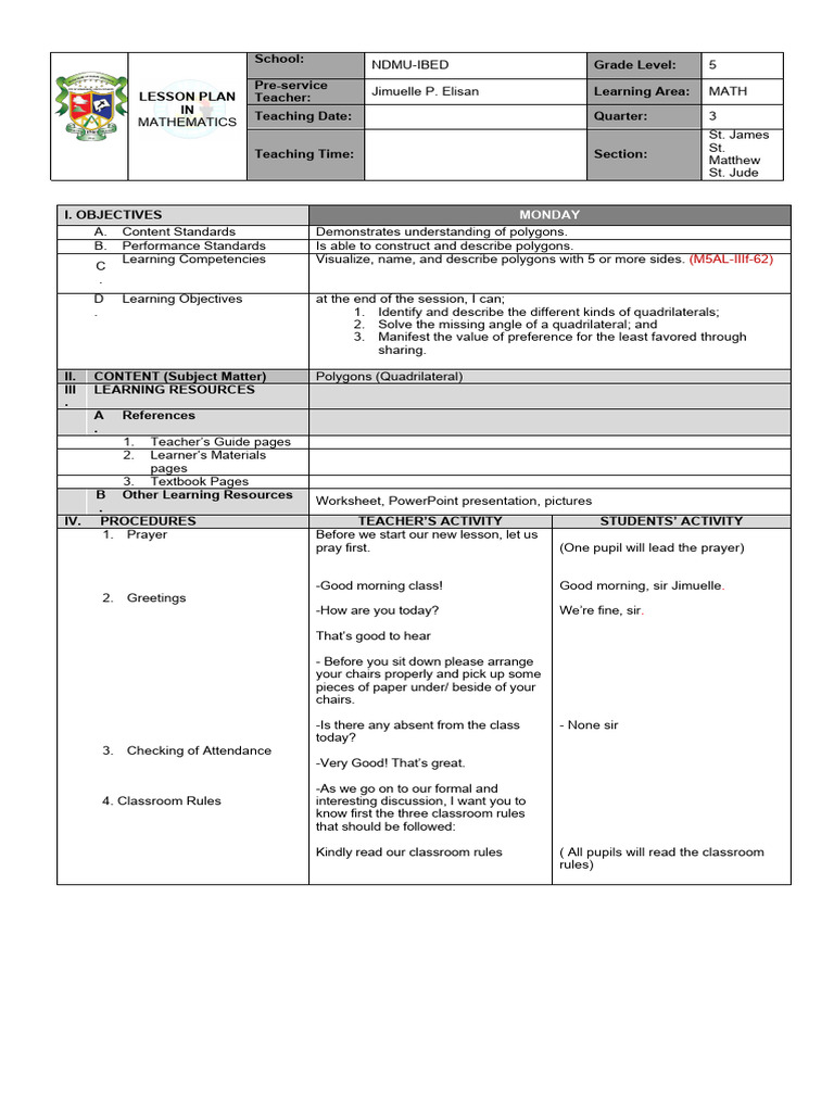 LESSON PLAN - Quadrilaterals 5 | PDF | Rectangle | Triangle