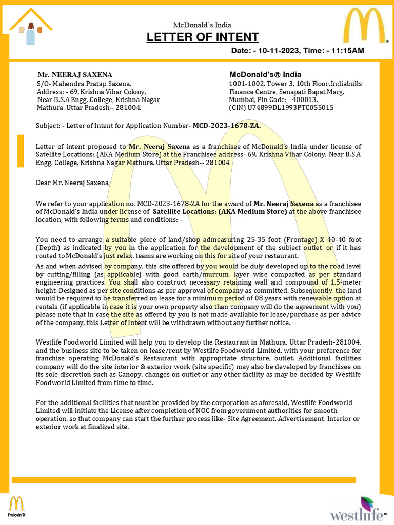 Neeraj Saxsena McDonald's Franchise - Letter of Intent. | PDF | Franchising