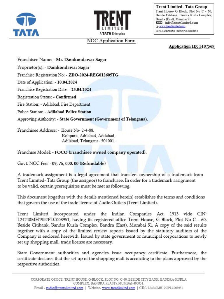 No Objection Certificate. (NOC) - ZUDIO - Trent Limited | PDF | Franchising | Private Law