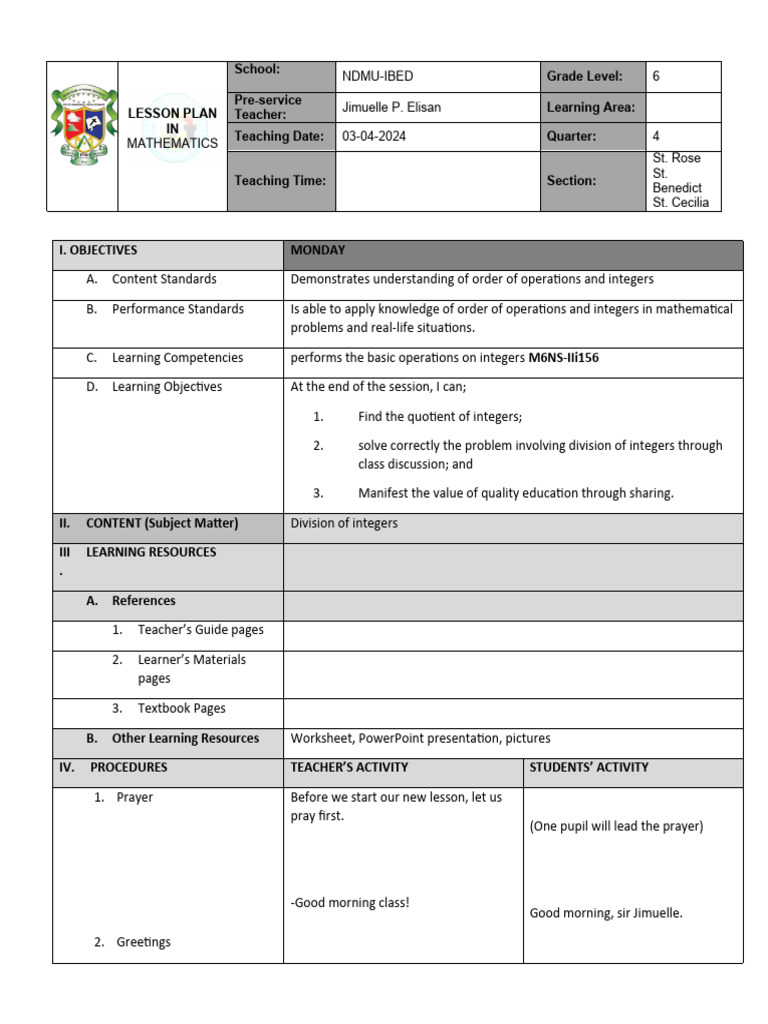 LESSON PLAN - Division of Integers | PDF | Multiplication | Learning