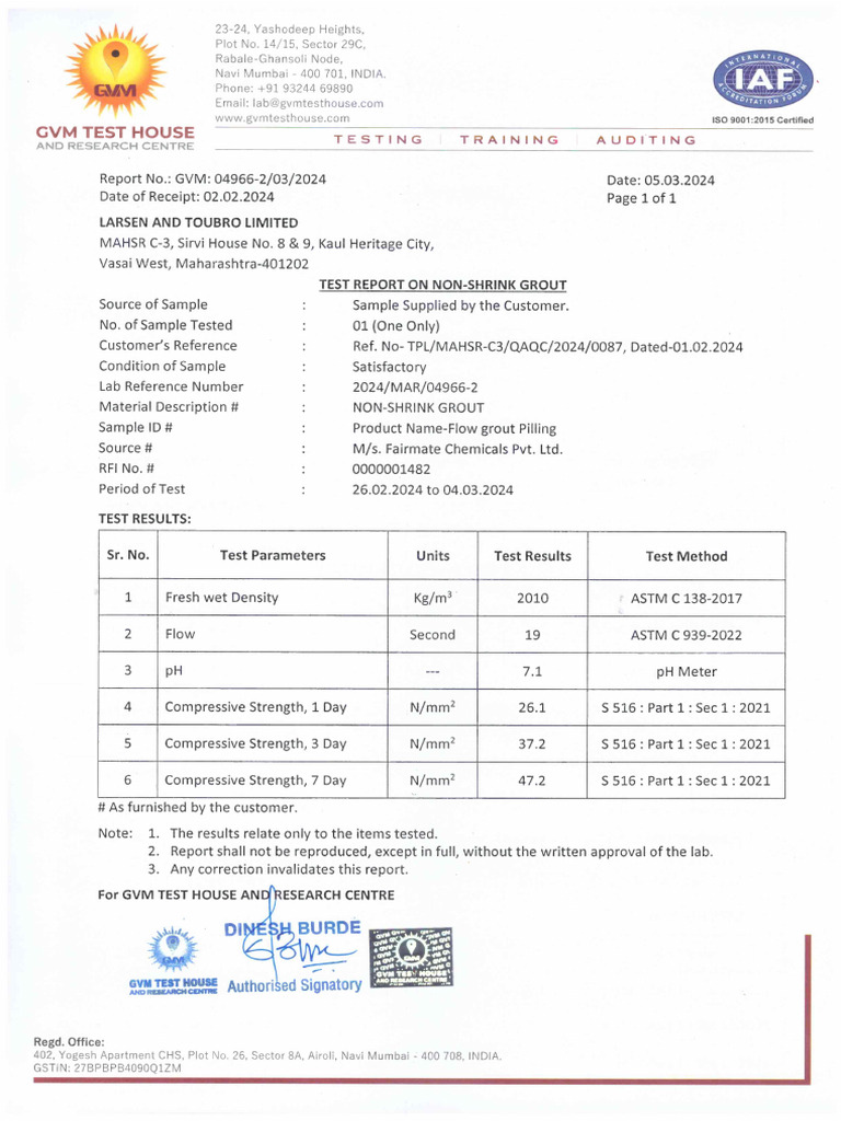 Test Report-Non Shrink Grout | PDF