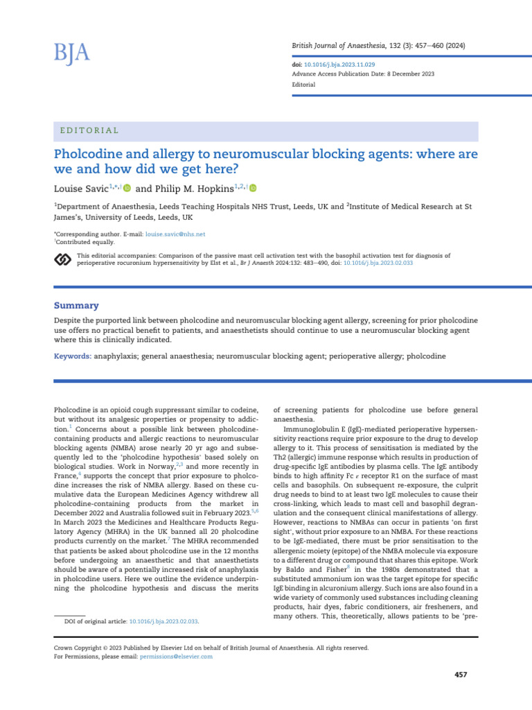 Pholcodine and Allergy To Neuromuscular Blocking Agent - 2024 - British Journal | PDF | Allergy ...