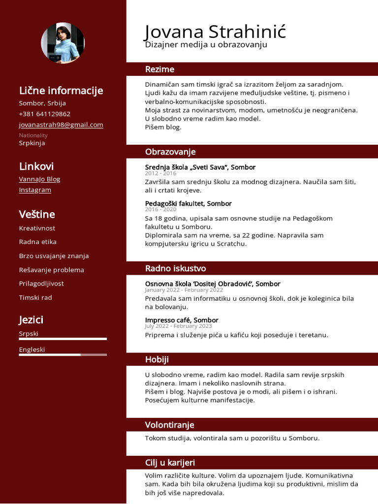 CV - Jovana Strahinić (Srpski) | PDF