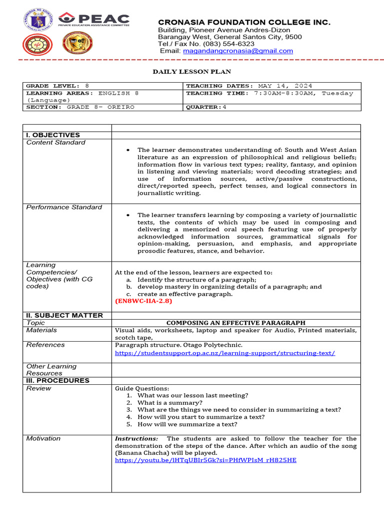 Classroom Observation Plan English | PDF | Learning | Paragraph
