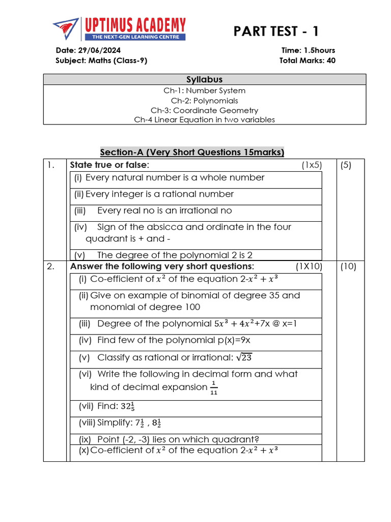 PT-1 Class 9 Maths | PDF | Factorization | Equations