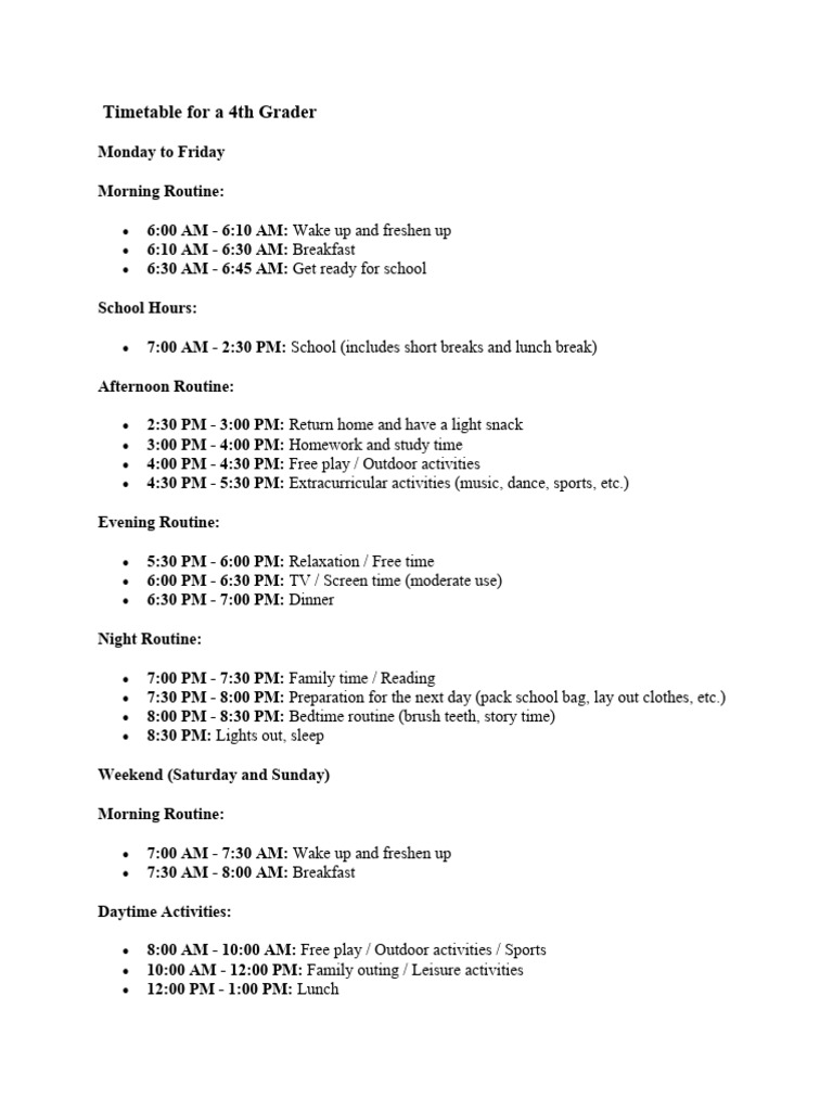 Timetable For A 4th Grader | PDF | Language Arts & Discipline | Wellness