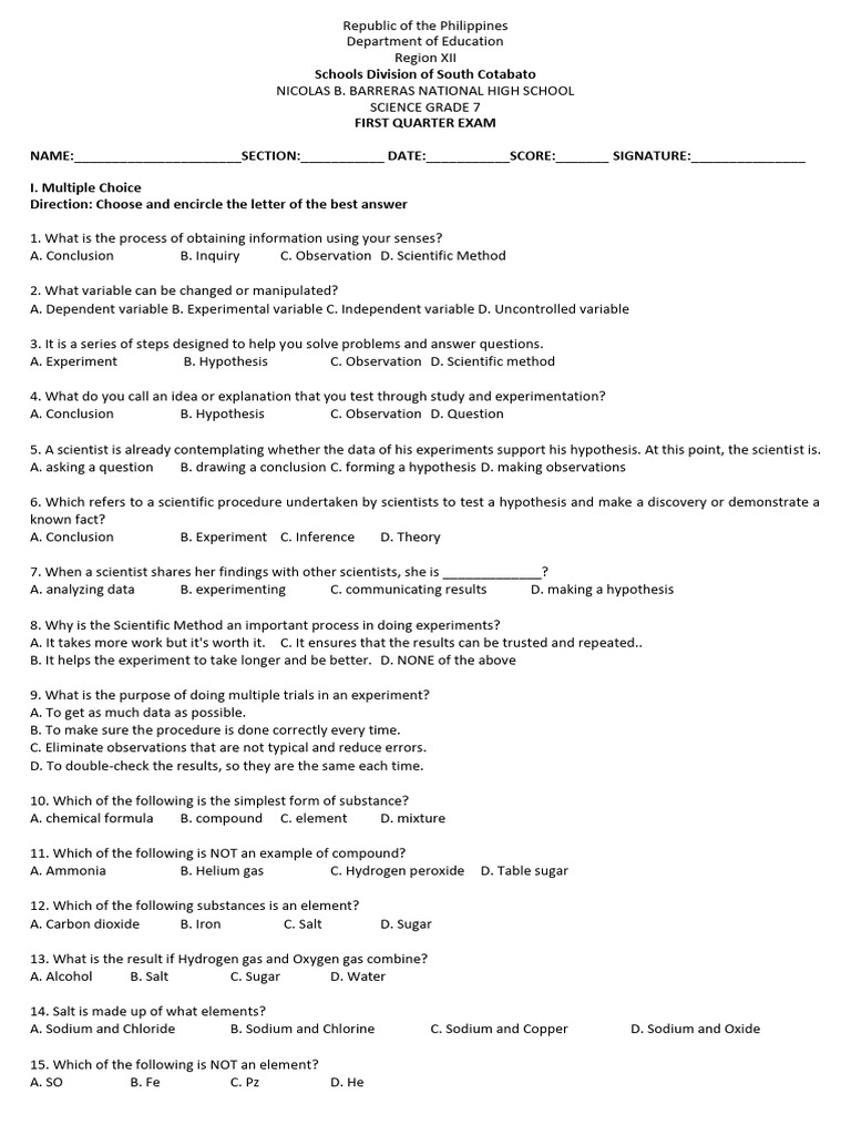 Science 7 2023-2024 Q1 Exam For Print | PDF | Solubility | Mixture