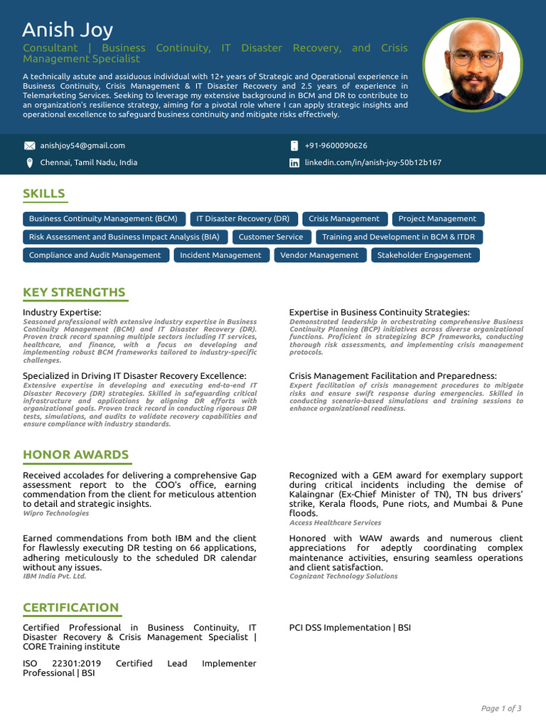 Anish Joy Resume - BCM | PDF | Disaster Recovery | Crisis Management