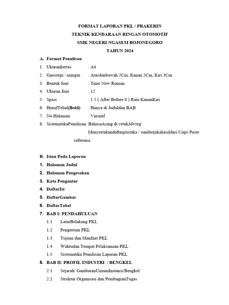 Format Laporan PKL Teknik Otomotif 2024 | PDF
