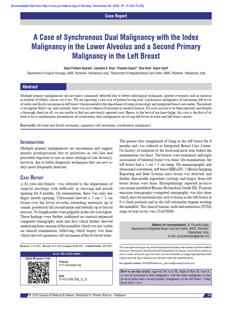 Synchronous Dual Malignancy Case Report | PDF | Breast Cancer | Cancer
