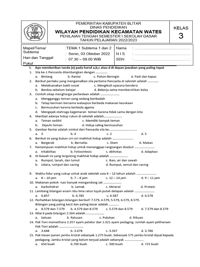 Soal PTS 1 Kelas 3 Tema 1 Sub Tema 1 & 2 | PDF | Olahraga & Rekreasi | Griya & Taman