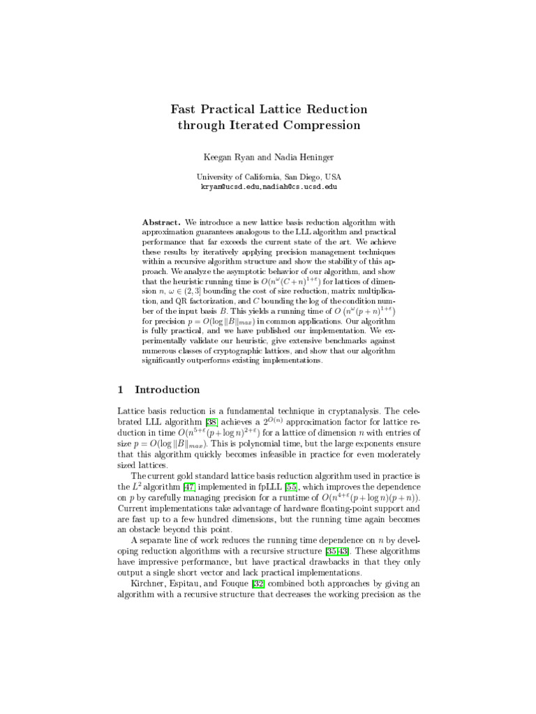 Fast Practical Lattice Reduction Through Iterated Compression | PDF | Matrix (Mathematics ...