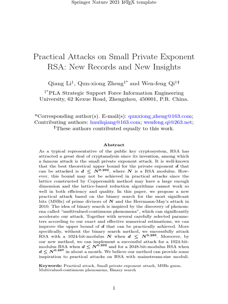 Practical Attacks On Small Private Exponent RSA: New Records and New Insights | PDF | Basis ...