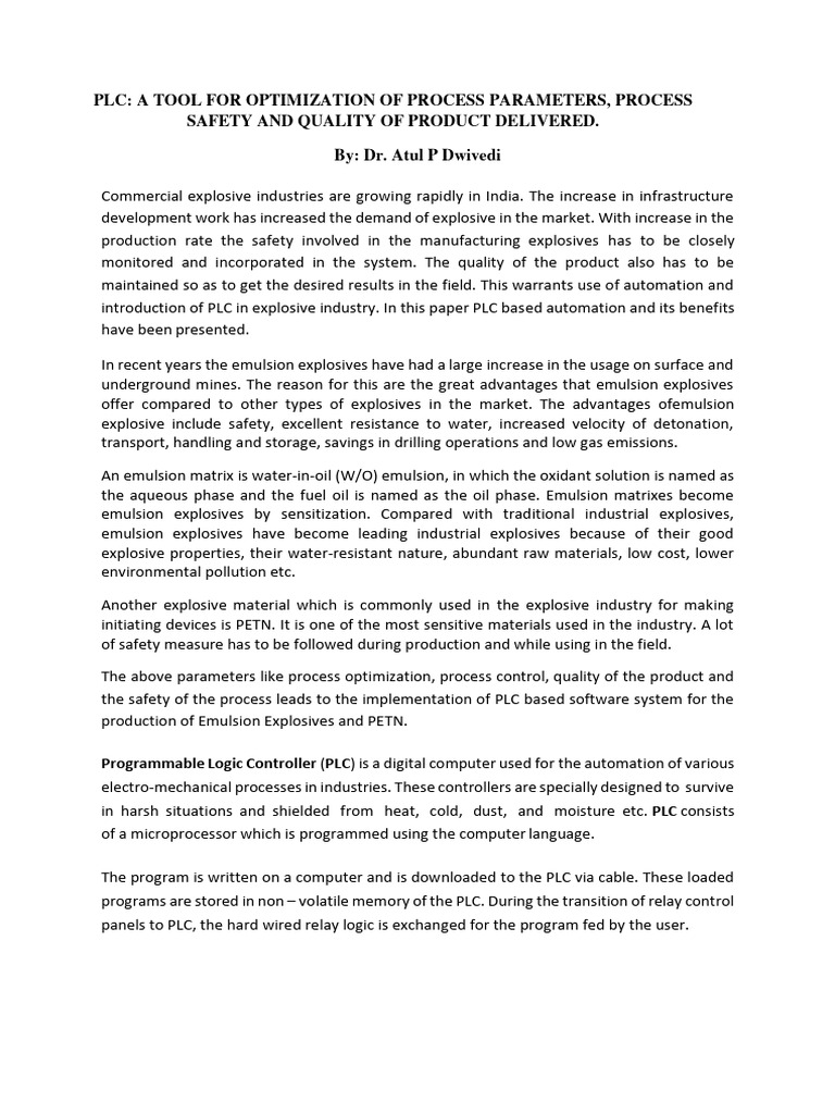 PLC A Tool For Optimization of Process Parameters, Process Safety and Quality of Product ...