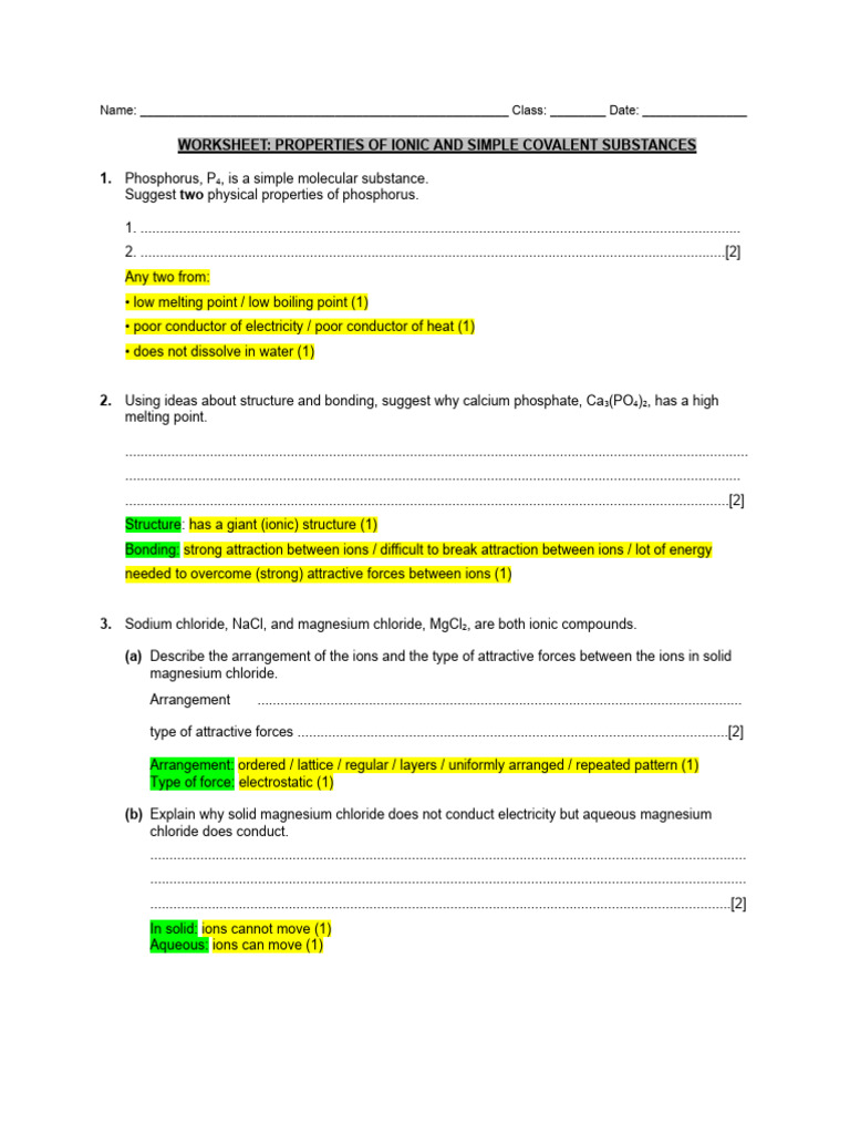 Worksheet Properties of Ionic and Simple Covalent Compounds - Answers ...