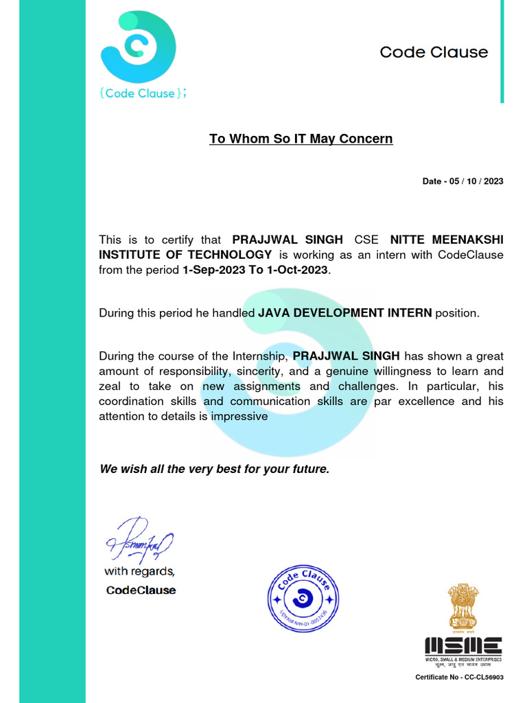 Internship Completion Letter Prajjwal | PDF