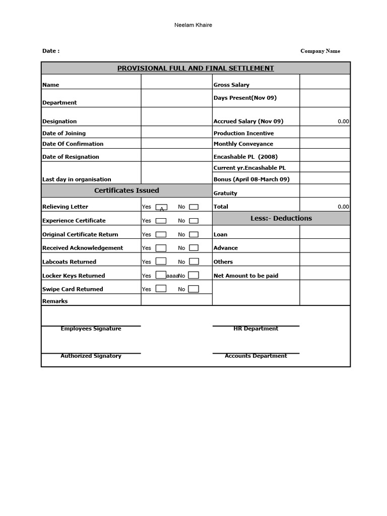 Final Settlement Format | PDF