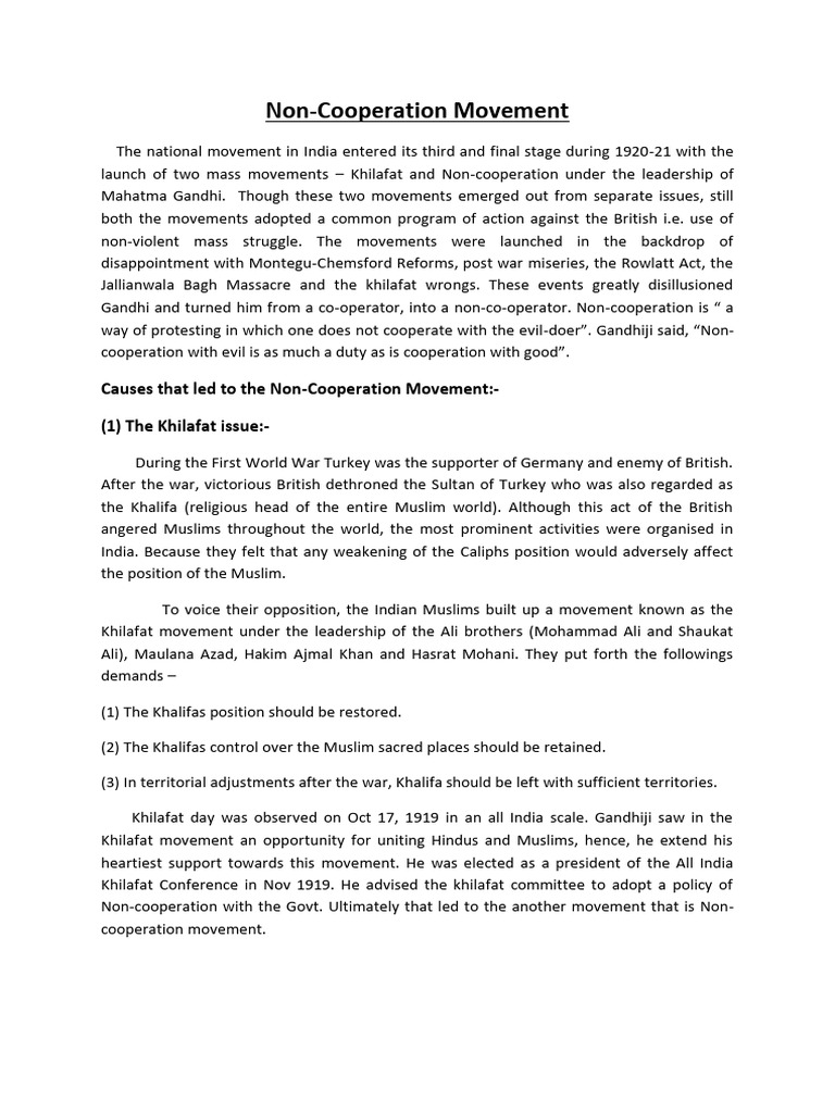 Non Cooperation Movement | PDF | Mahatma Gandhi | Independence Movements