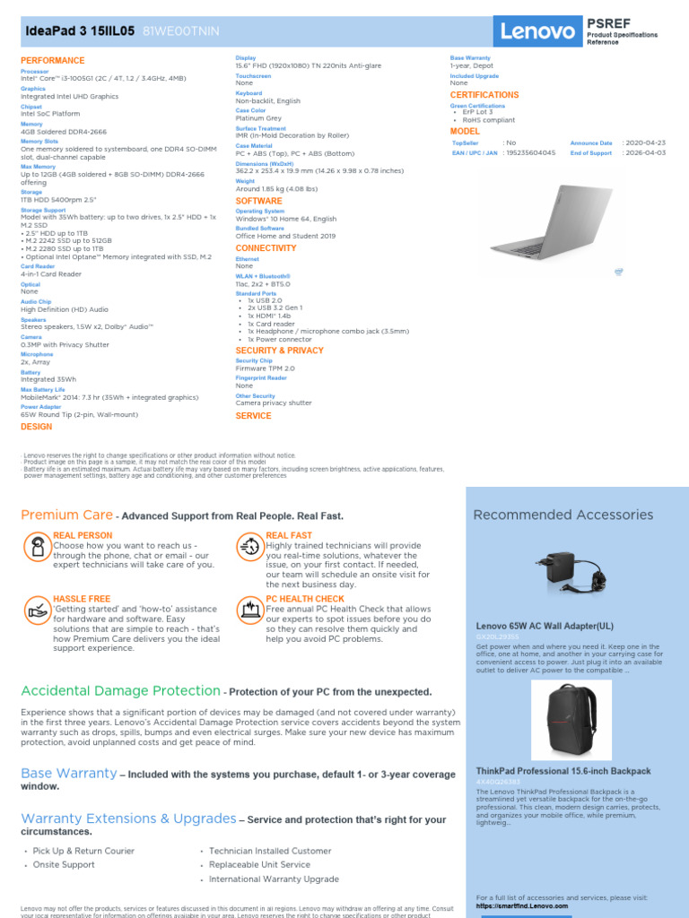 IdeaPad 3 15IIL05 81WE00TNIN | PDF | Personal Computers | Computing